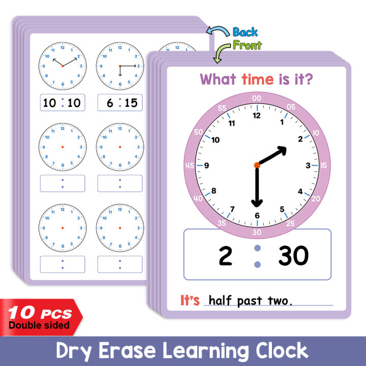 10Pcs Telling Time Educational Poster Double-Side Erasable ...