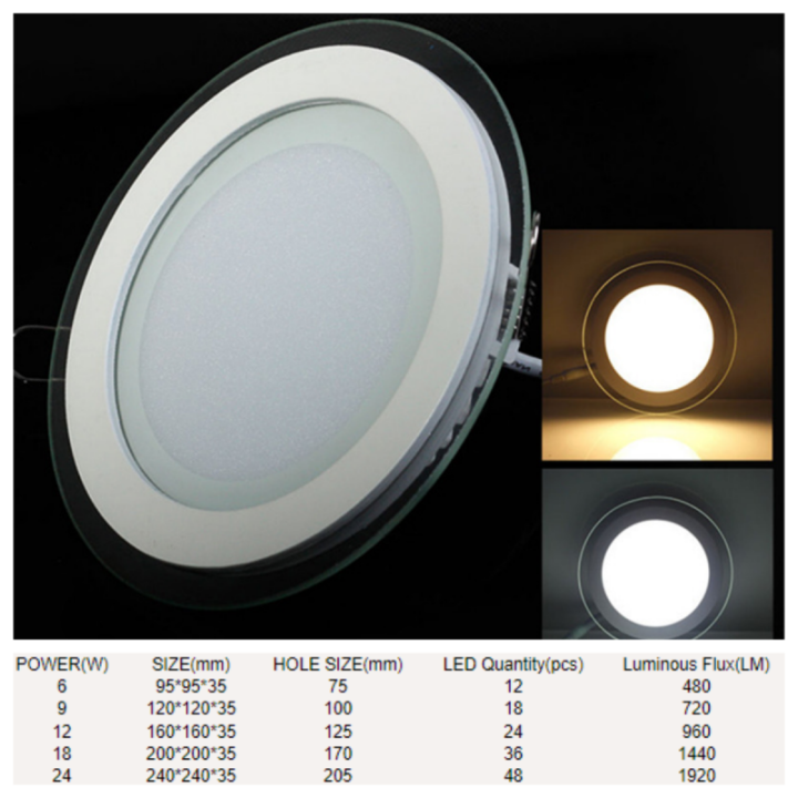 Round LED Downlight 6W 9W 12W 18W 24W Glass LED Panel Recessed Ceiling ...