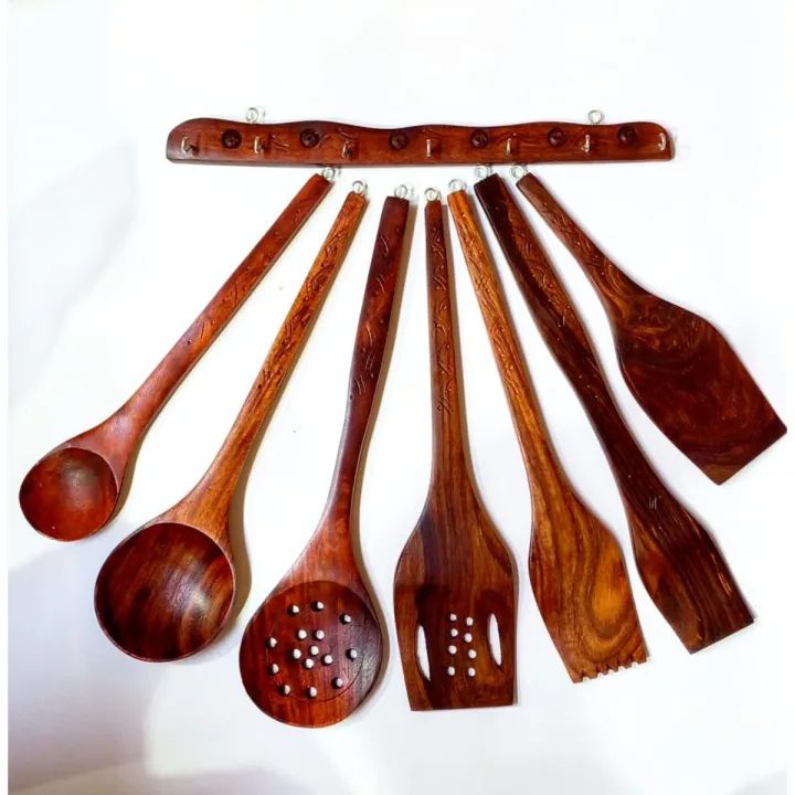 Wooden Spoon Set With Stand (7 spoon & 1 wall hanging stand) | Daraz.pk