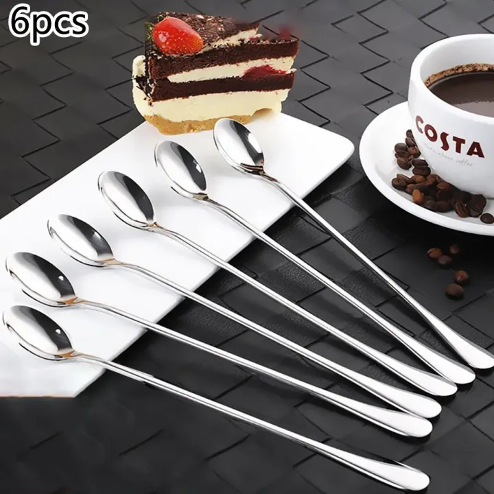 6 Pcs Steel Dessert Spoons Milkshake Spoons Coffee Spoons Long Handled ...