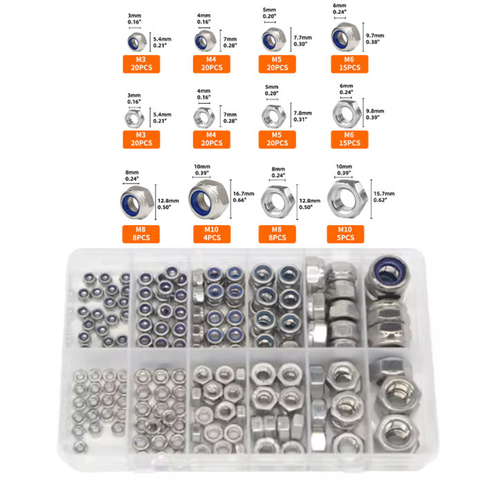 175pcs 304 Stainless Steel Nuts and Metric Locknut Kits M3 M4 M5 M6 M8 ...