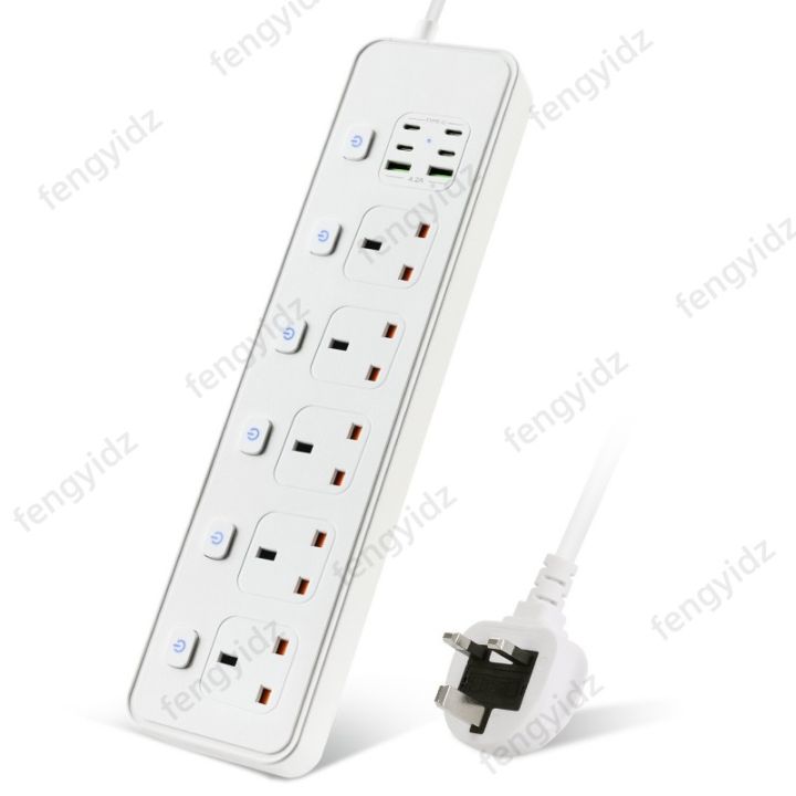 5 charging ports UK plug power strip with USB Type-C 2m cable 3250W 13A ...