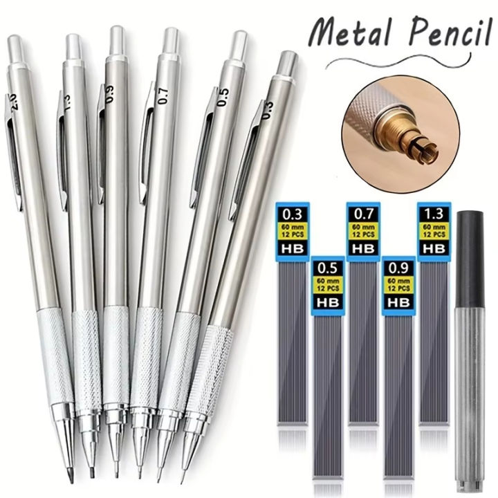 Full Metal Mechanical Pencil Set 0.3mm 0.5mm 0.7mm 0.9mm 1.3mm 2.0mm HB ...