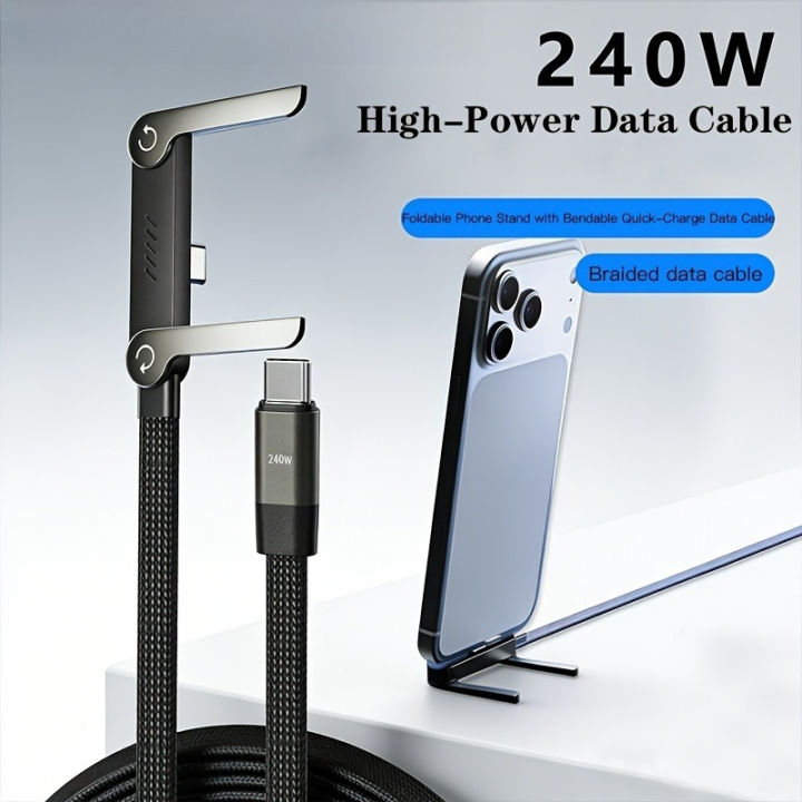 240W Foldable Stand Type-C Cable Braided Fast Charging Cable with Multi ...