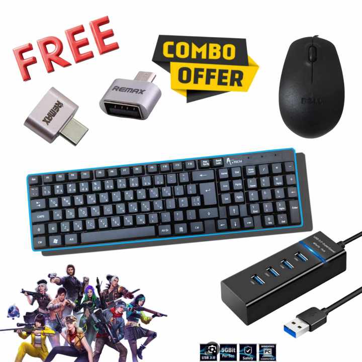 Keyboard, mouse , hub ,OTG type-c & b micro 5 piece combo pack | Daraz ...