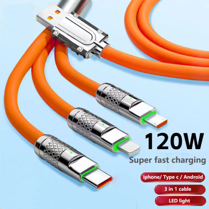 6A 120W 3 in 1 USB Fast Charging Cable For iPhone 14 Micro USB Type-C 8 ...