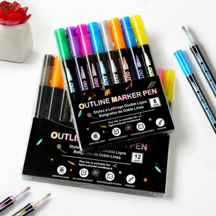 8 & 12 Colors Outline Markers Set – Metallic Shimmer & Dual Line Ink ...