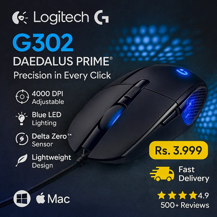 Logitech G302 Daedalus Prime MOBA Gaming Mouse | 4000 DPI | USB Wired ...