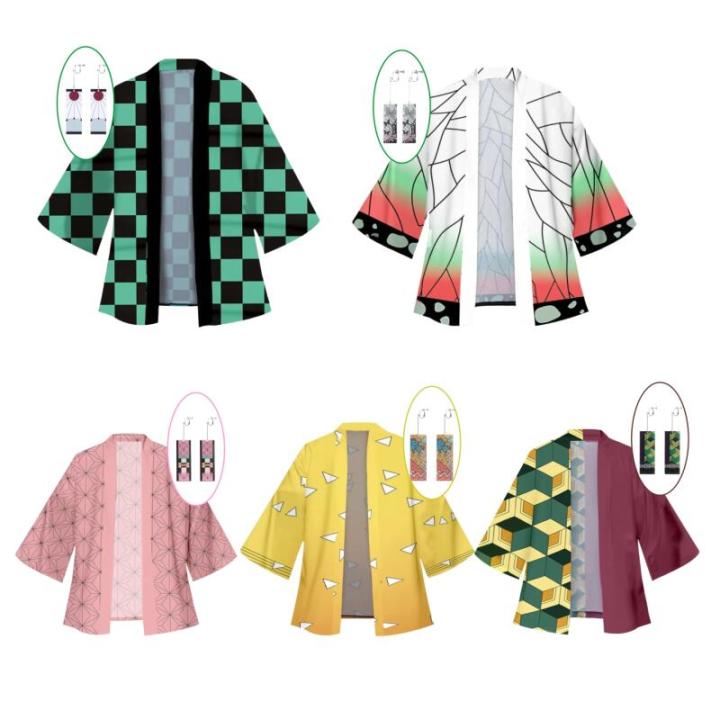 Japanese Anime Men Green Black Checkered Tanjiro Kamado Cosplay Kimono ...