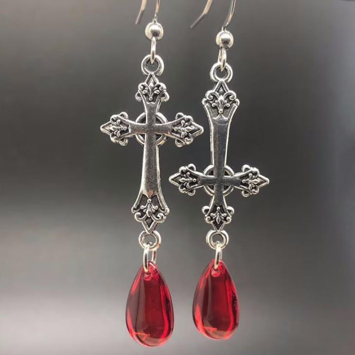 The New Crow Skull Earrings Goth Punk Style Horns Red Blood Drops ...