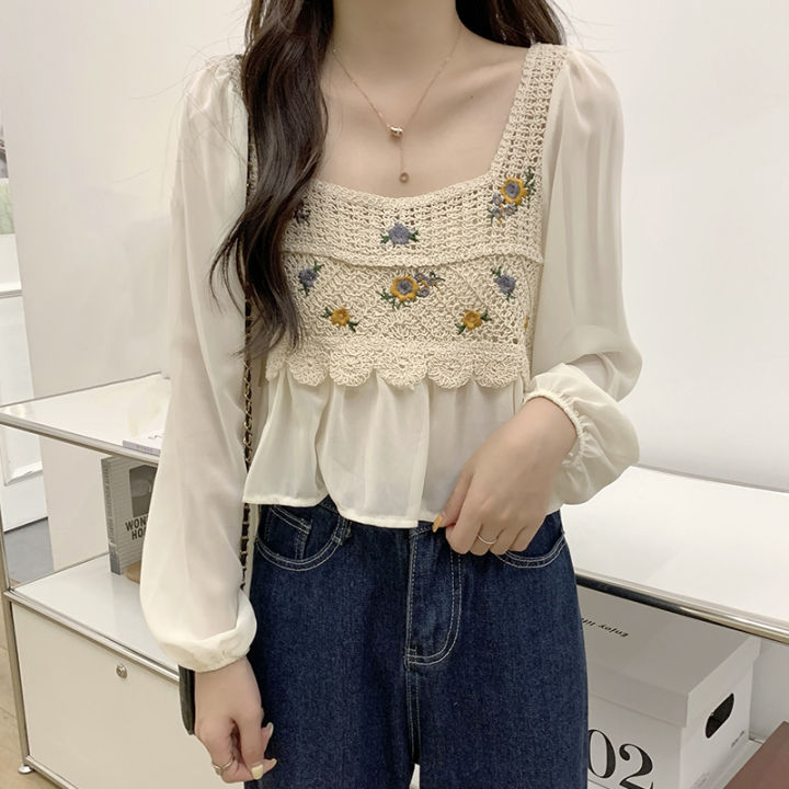 Crochet Top with Chiffon Flower Embroidery Long Sleeve Square-neck Fake ...