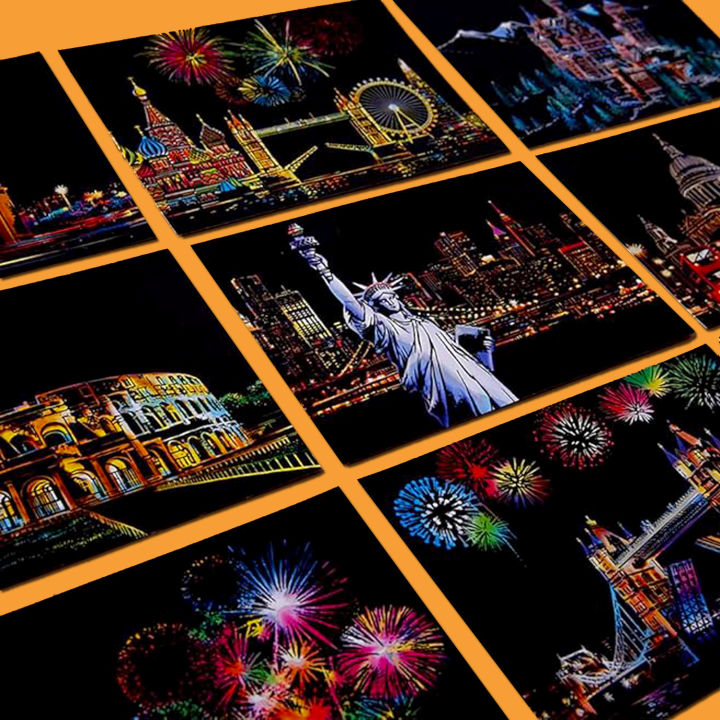 Night Scene Scratch Art Urban Landscape Architecture Clip Art 4PCS ...