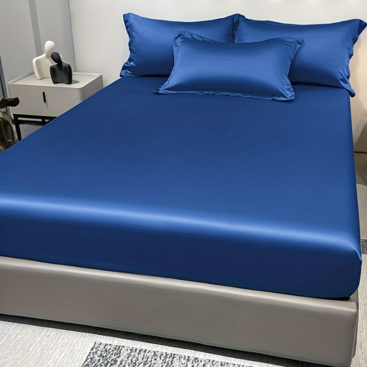 1 Simple Modern Satin Solid Color Fitted Sheet, Solid Color Ice Silk Bedspread For Bedroom ...
