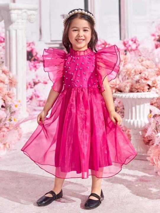 Girls Ipc Pearls Beaded Mesh Overlay Butterfly Sleeve Dress | Daraz.pk