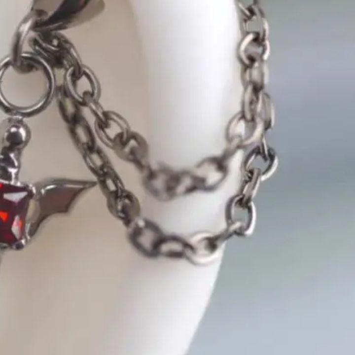 Red Zircon Wing Chain Piercing Earring For Women Men Gothic Silver ...