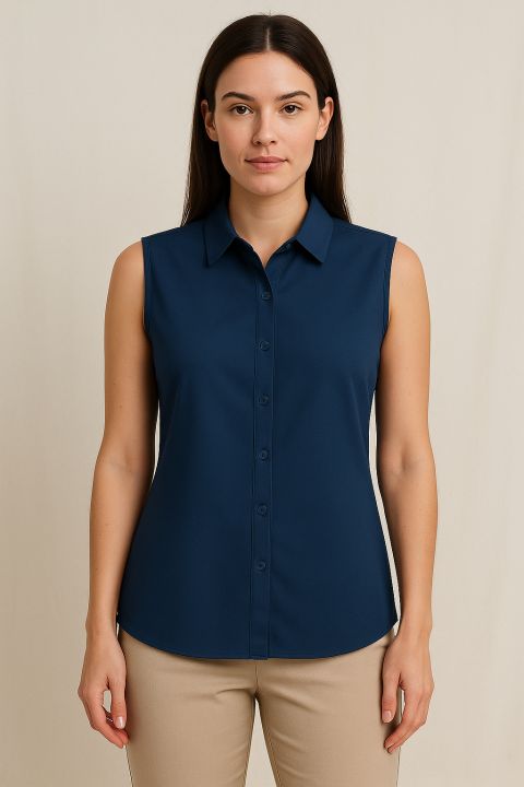 Women’s Sleeveless Button-Down Formal Top – Navy Blue | Cotton Mix ...