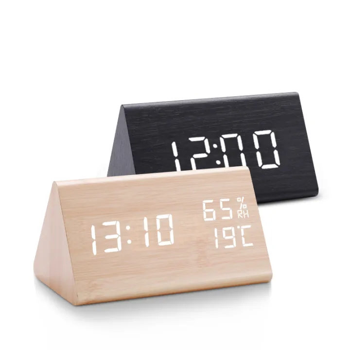 Digital Clock LED Wooden Alarm Clock Table Sound Control Electronic ...