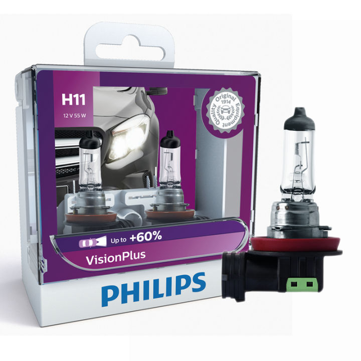 Philips H11 12V 55W PGJ19-2 VisionPlus 3250K Bright Light Up to 60% Vision Halogen Original Car ...