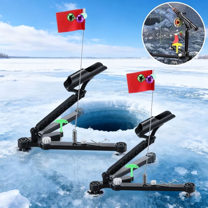 Foldable Ice Fishing Rod Holder with Bell & Flag - Adjustable Ice Auger ...