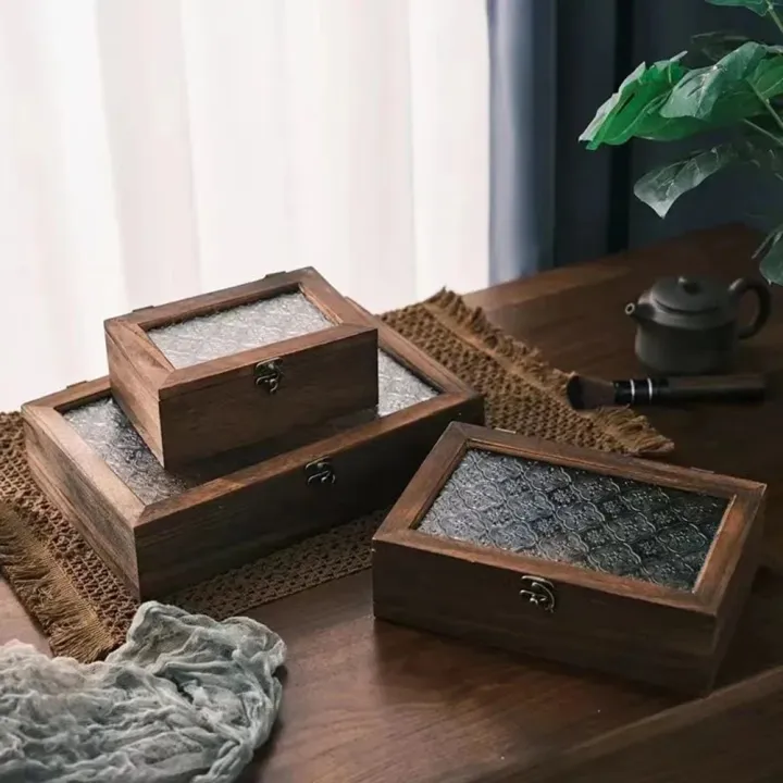 Haitang Flower Glass Storage Box Nordic Retro Solid Wood Storage ...