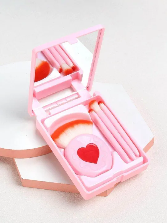Portable Pink Heart Compact with Mini Makeup Brushes & Blush | Daraz.pk