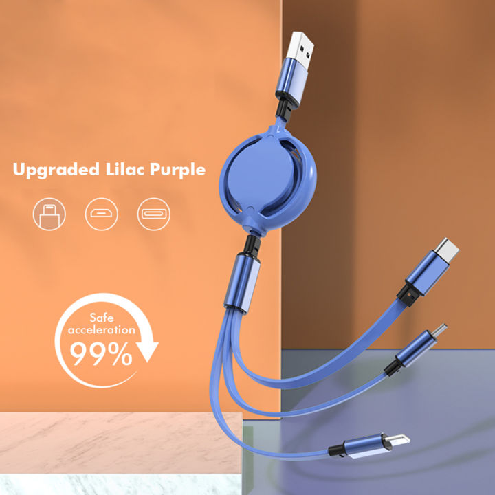 Purple Retractable Data 3 in 1 USB Cable Charger Fast Wire Charging for ...