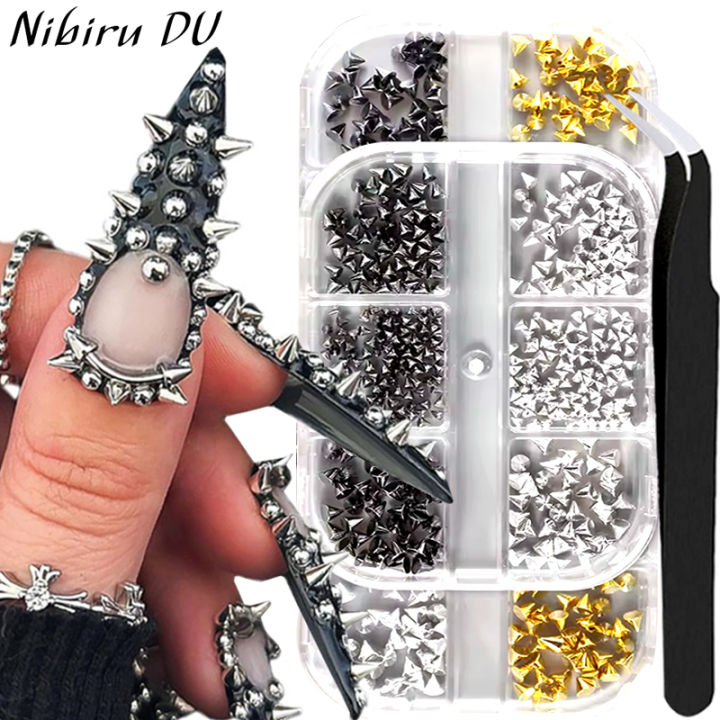 6 Grids Punk Nail Rivets Spikes Metal Studs Gold/Silver/Black Round ...