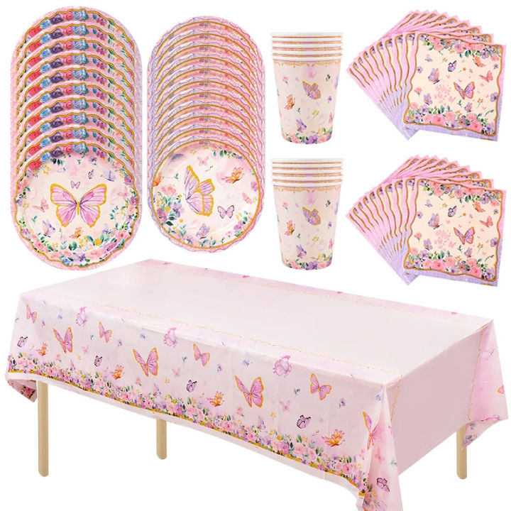 Butterfly Disposable Tableware Set Paper Plate Cup Napkins Pink ...