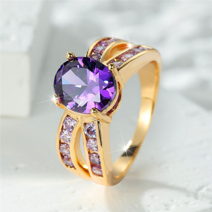 Luxury Female Crystal Blue Stone Engagement Ring Charm Yellow Gold ...