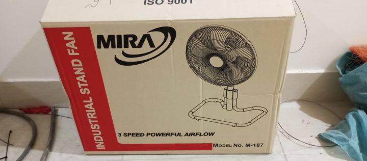 The image shows a box for a Mira 18-inch industrial stand fan, model M ...