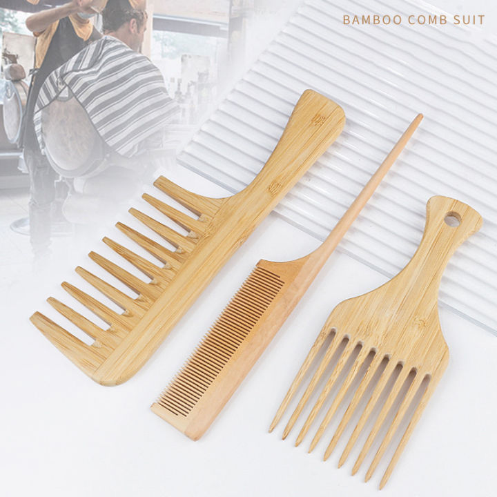 1Pcs Natural Bamboo Wooden Hair Comb Anti-Static Afro Fork Combs For ...