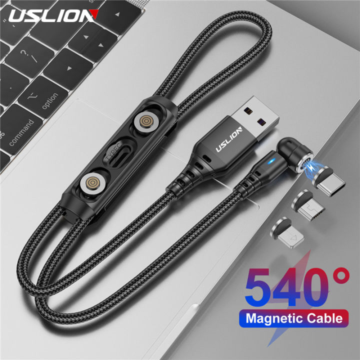 USLION 3 in 1 540 Rotate 5A Magnetic Cable Fast Charging Micro USB Type ...