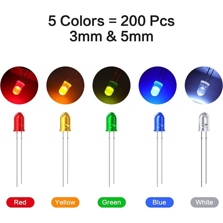 200 Pcs Led Diode, 3mm 5mm Clear LED Light Emitting Diodes Bulb LED ...