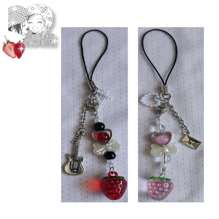 Nana & Hachi Matching Phone Chain Charms Red Pink Strawberry Bow Key ...