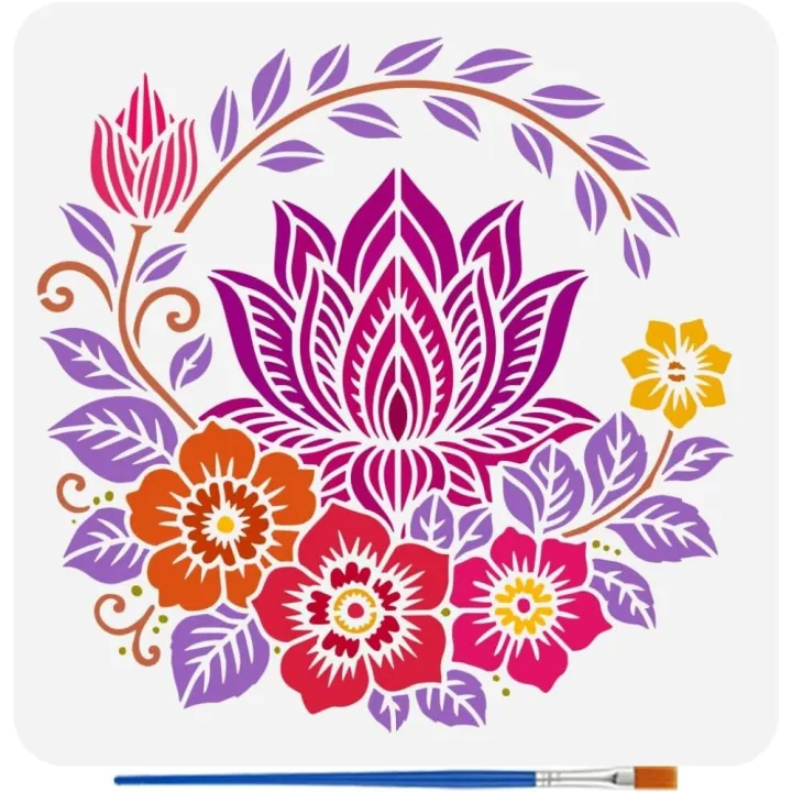 Mandala Lotus Painting Stencils with Brush 11.8x11.8inch Plastic PET ...