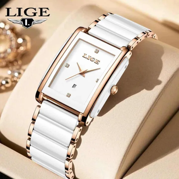 LIGE Luxury Ladies Wrist Watch – White Ceramic Strap with Rose Gold ...