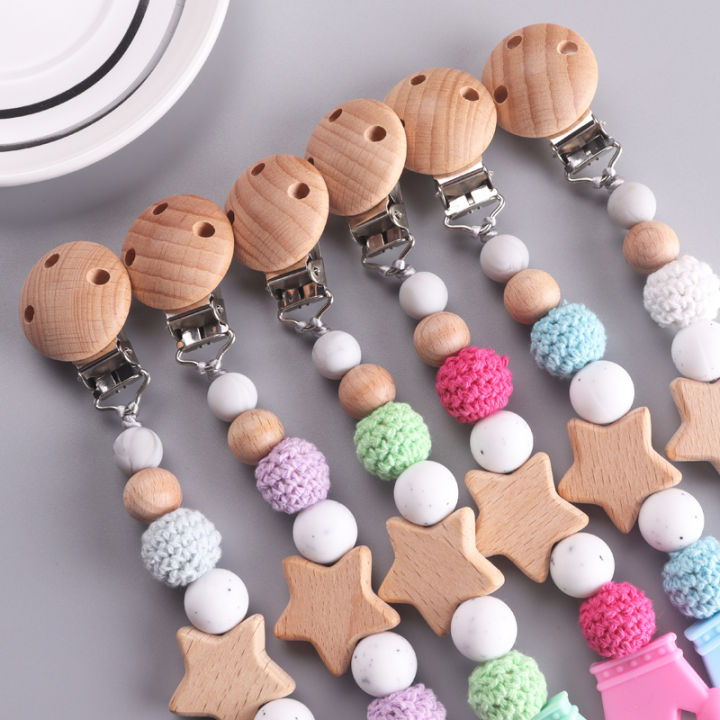 Baby Pacifier Chain Clips Wood Pentagram Teether Silicone Round Beads ...