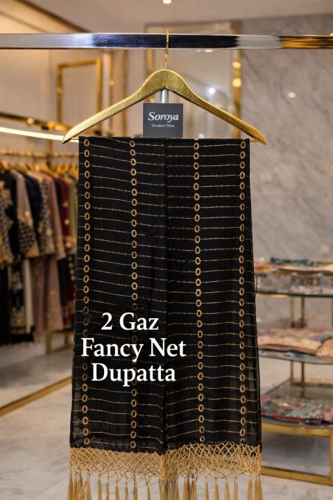 Women Fancy Black Net Dupatta 2 Gaz – Golden Thread Embroidery Party ...
