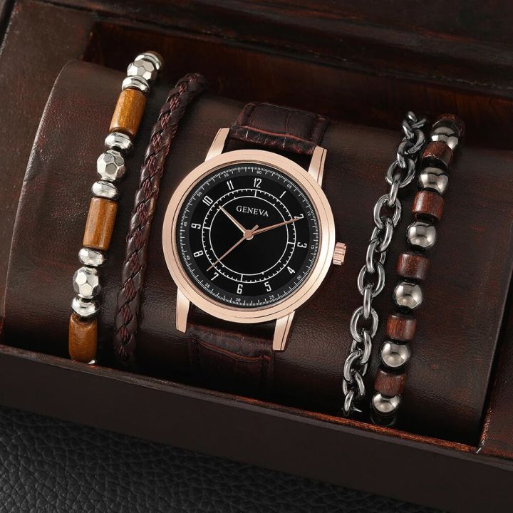 4pcs MEN'S Watch Set Leisure Business All-in-one Quartz Watch Simple ...