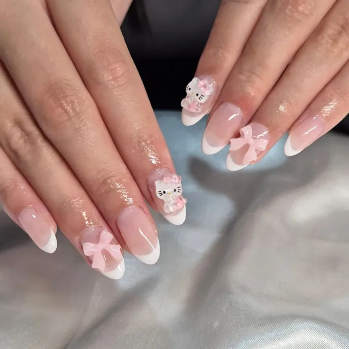 24PCS Almond Armor Nail Patch Sanrio White French Stereo Hello Kitty ...