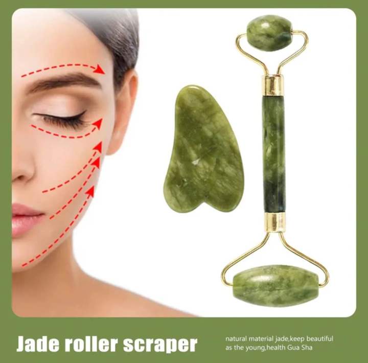 Green Natural Jade Massage Spa Rollers + Gua Sha Board Scrapers Set for ...
