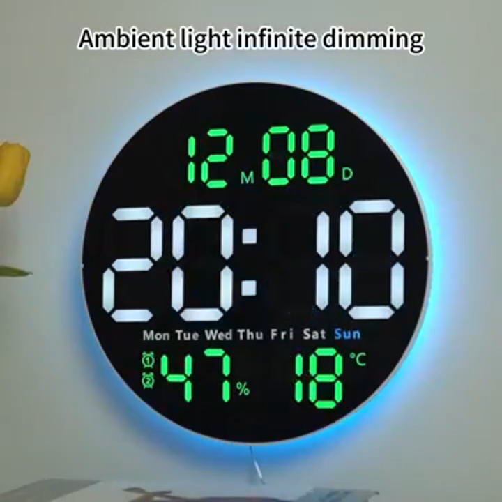 25.4cm Large LED Digital Wall Clock with RGB Light, Auto-Brightness ...