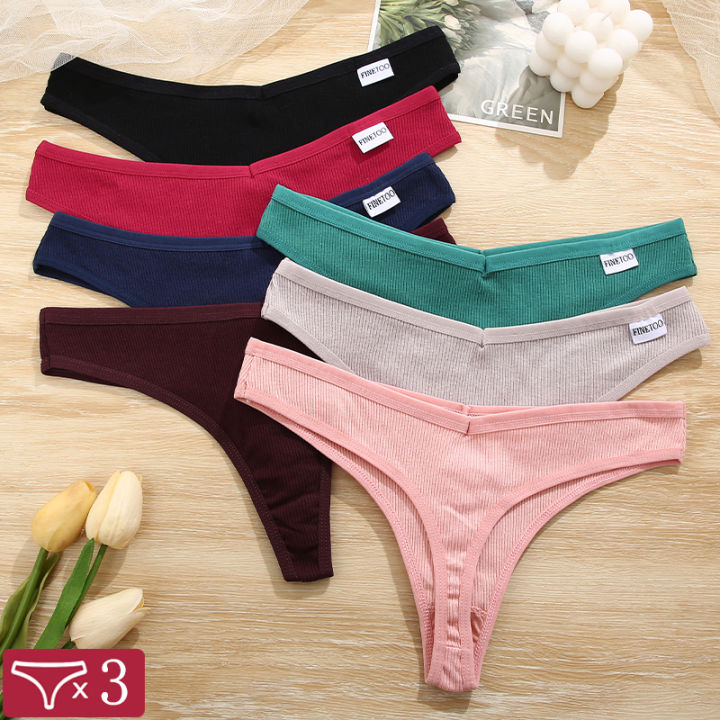 3Pcs/Set Women Sexy Cotton Thongs Solid V-Waist Stripe Lady Panties ...