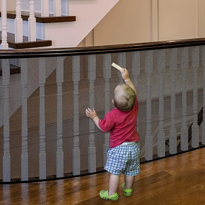 Baby Gate for Stairs, Banister Guard for Kids, Pets, Mesh Safety Net ...