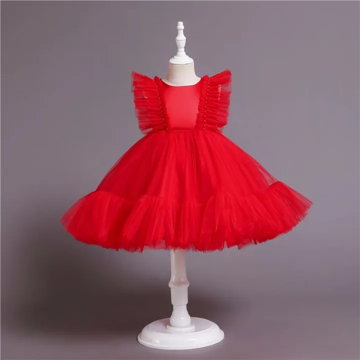 Red beautiful net frock fro girls costomiz frocks with hair band ...