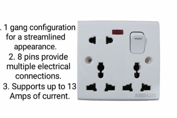 Multi Plug Universal Wall Switch Socket 13 Amp 250 Volts 1 gang 8 pin ...
