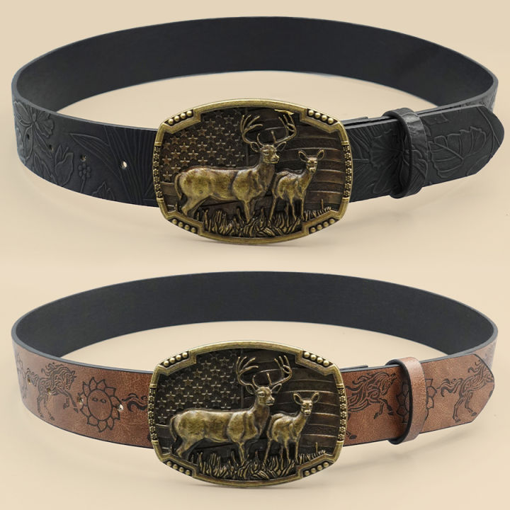 Western Cowboy Street Style Belt - Animal Motif Carved Vintage Print ...