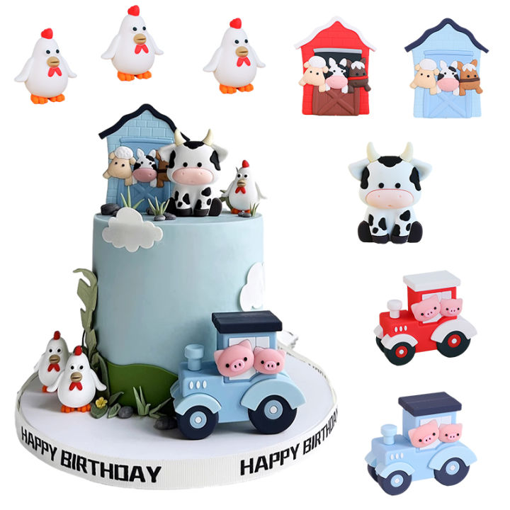 Blue Farm Cake Topper Farm Cow, Tractors, Chicks, Cows Sheep Horse ...