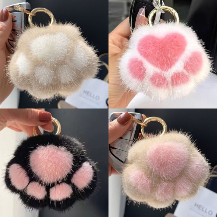 Cat Paw Pendant Keychain Couple Keychain Fluffy Faux Fur Keychain Charm ...
