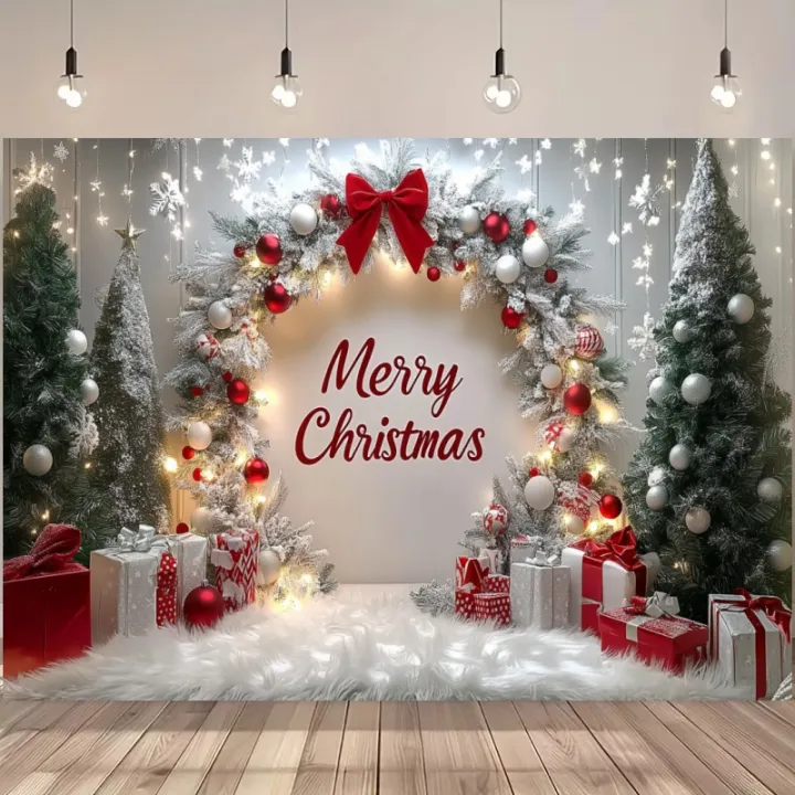 Christmas Backdrop Banner Candy Cane & Silver Tinsel White Snowy ...